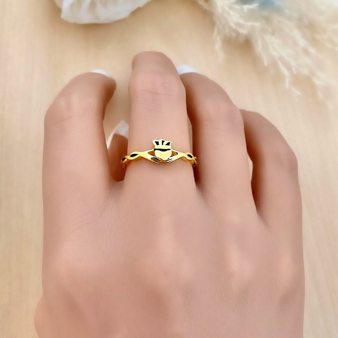 Yellow Gold Claddagh Ring Dainty Gold 925 Sterling Silver Braided ...