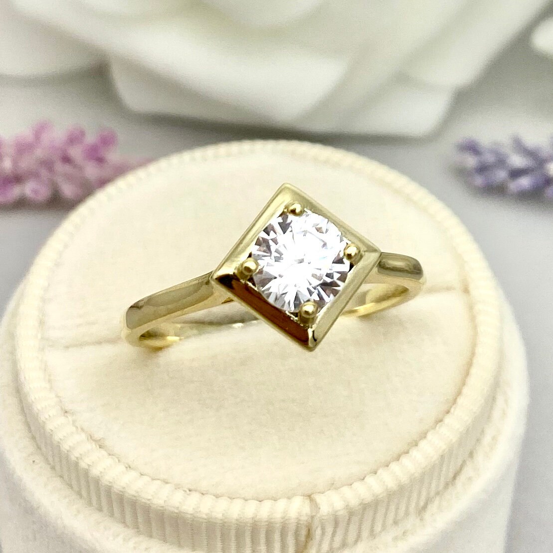 14K Solid Yellow Gold Round Simulated Diamond Square Solitaire - Etsy