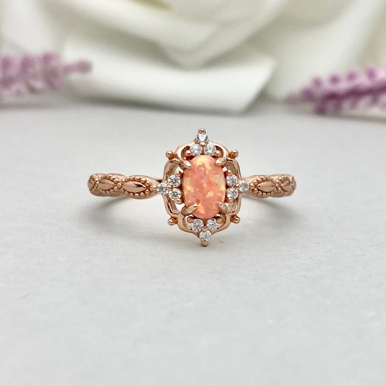 Oval Pink Fire Opal Rose Gold Vintage Simulated Diamond | Etsy