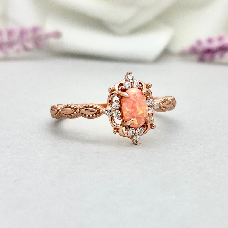 Oval Pink Fire Opal Rose Gold Vintage Simulated Diamond | Etsy