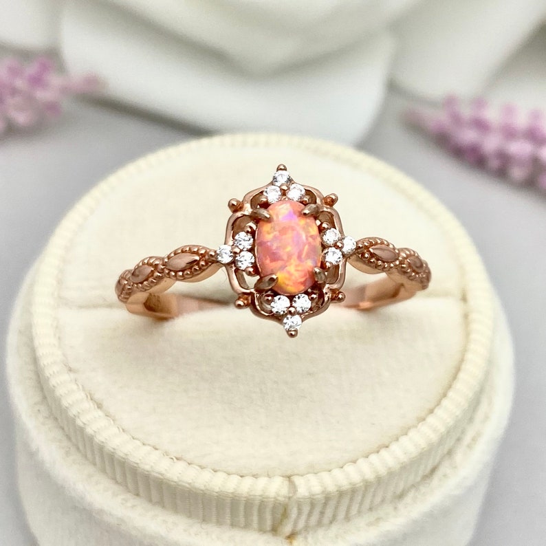 Oval Pink Fire Opal Rose Gold Vintage Simulated Diamond | Etsy