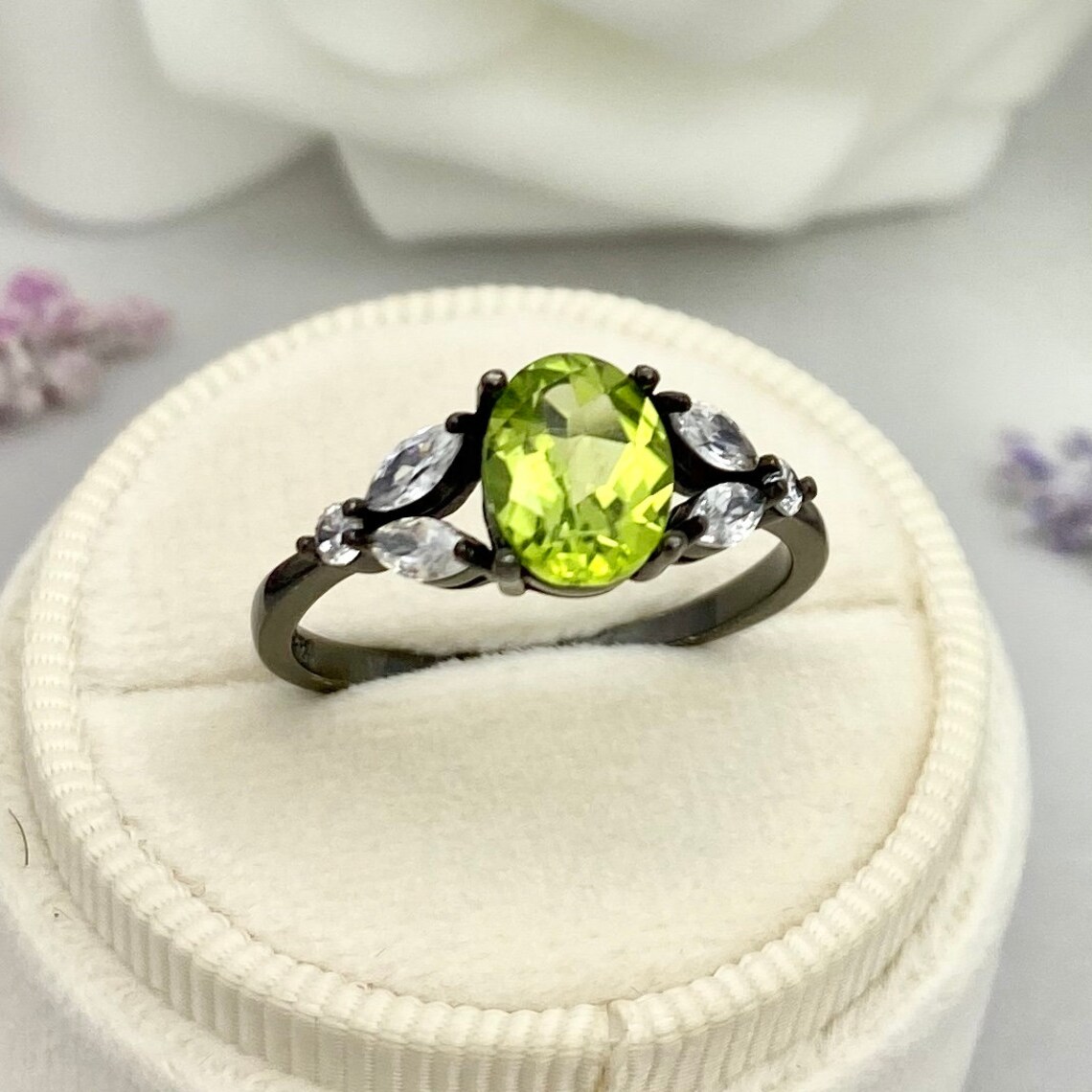 14K Gold Black Rhodium Oval Natural Peridot Ring Art Deco | Etsy