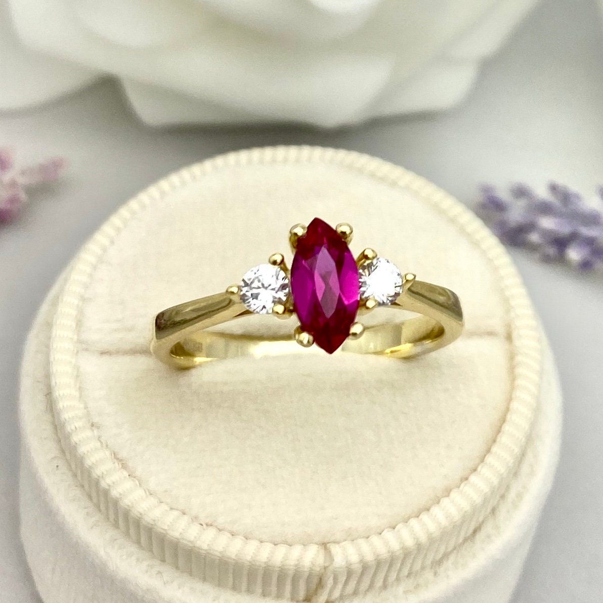 Marquise Ruby 14K Yellow Gold Three Stone Ring Art Deco Round - Etsy