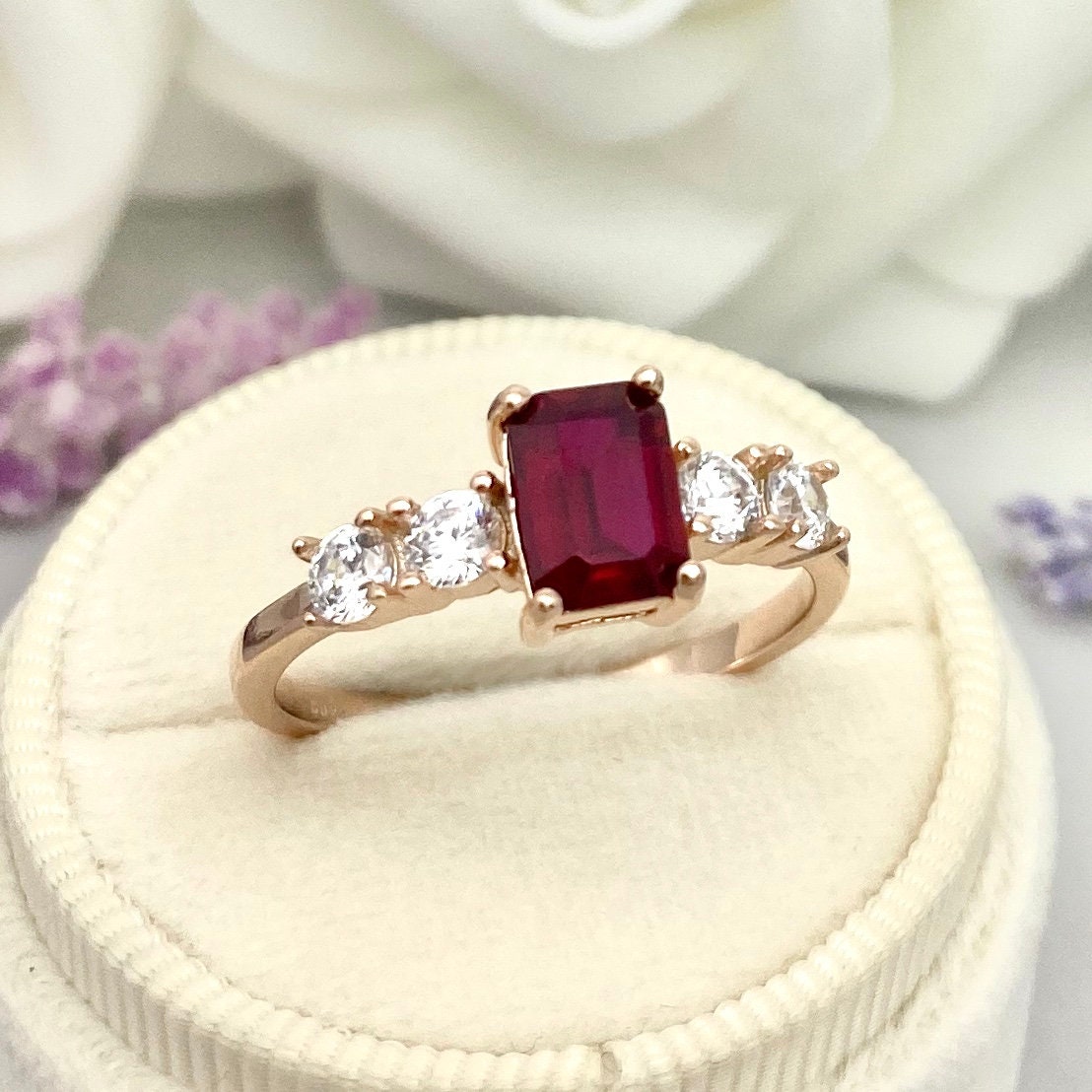 Rose Gold Emerald Cut Red Ruby Engagement Ring Round Simulated | Etsy