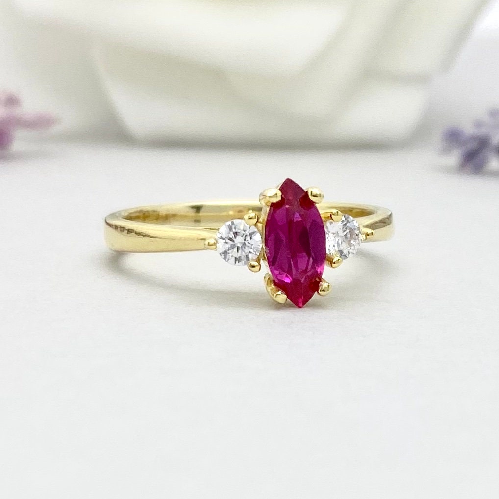 Marquise Ruby 14K Yellow Gold Three Stone Ring Art Deco Round - Etsy