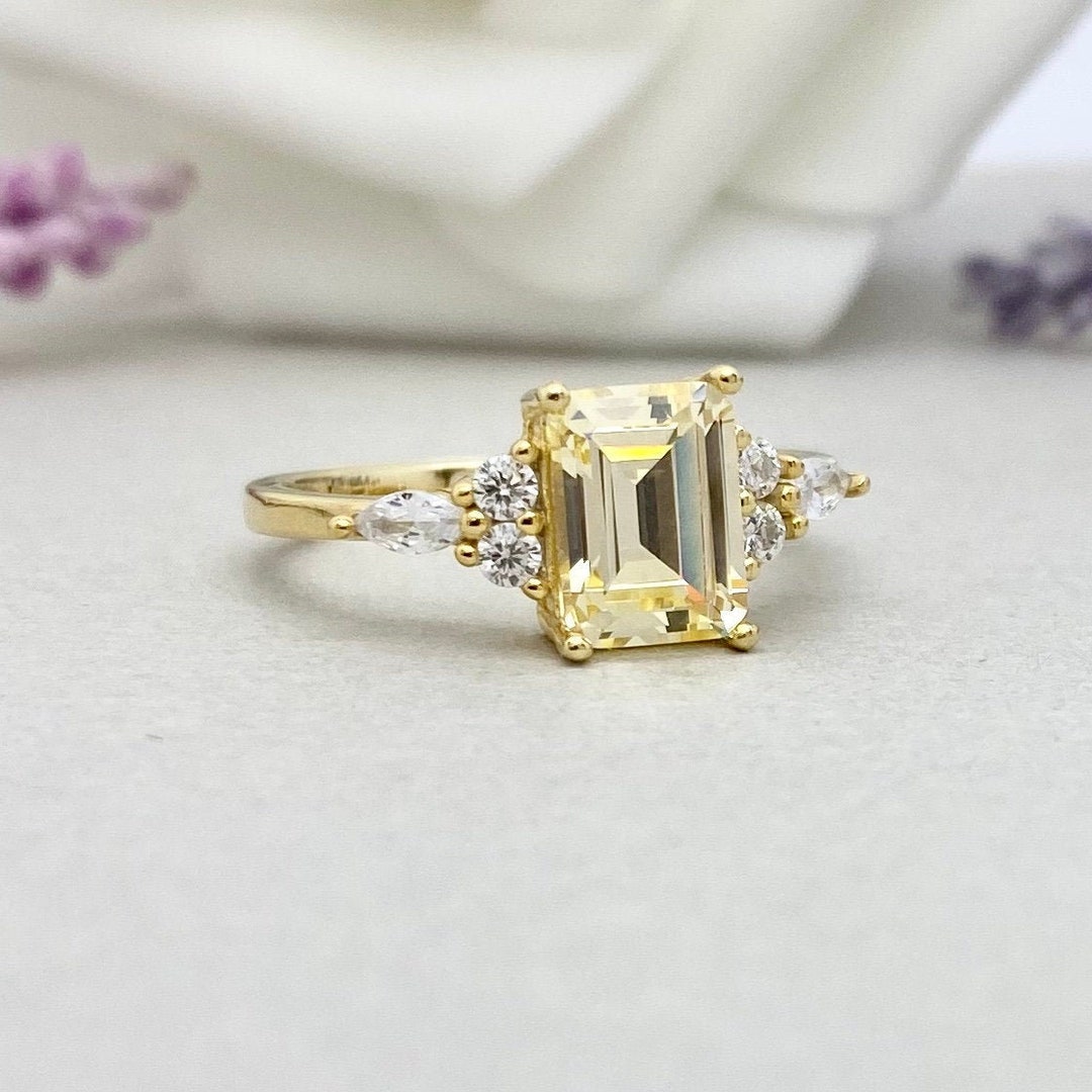 Emerald Cut Canary Yellow Simulated Diamond 14K Yellow Gold Round and ...