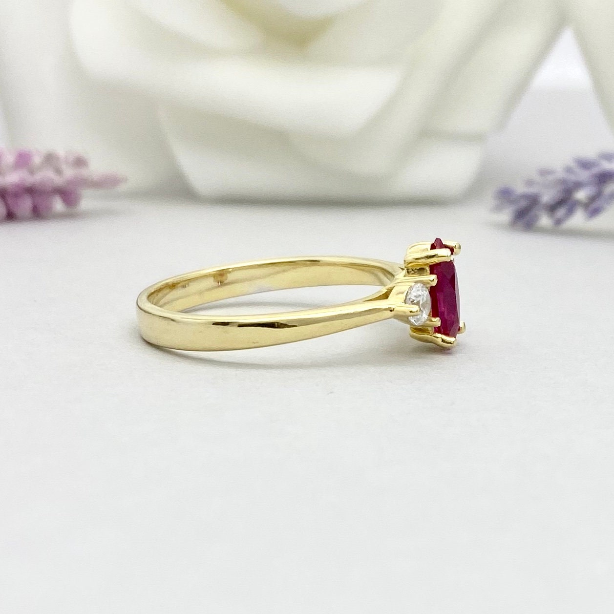 Marquise Ruby 14K Yellow Gold Three Stone Ring Art Deco Round - Etsy