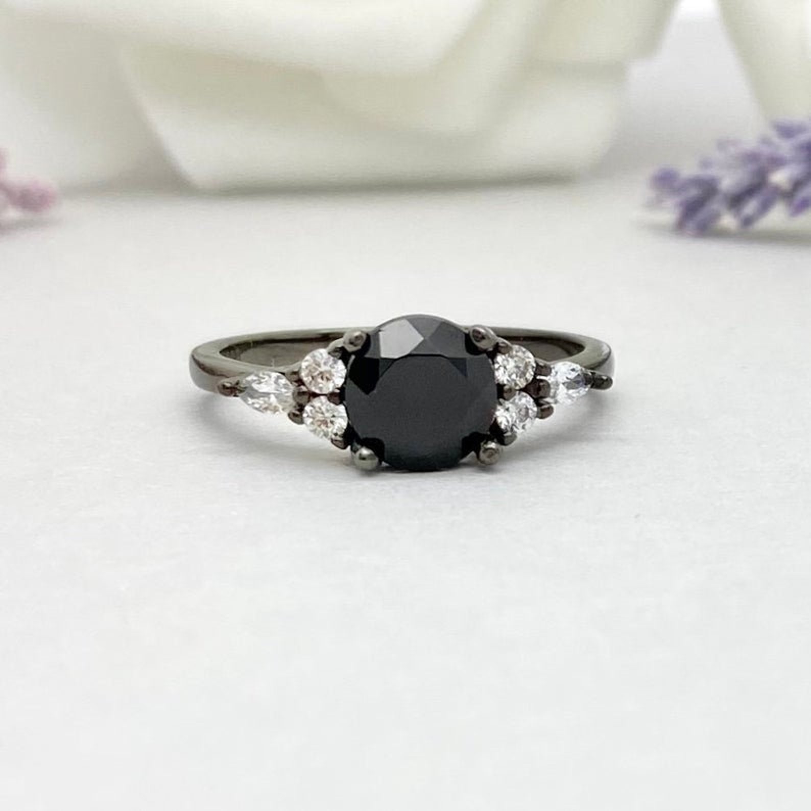 Round Black Onyx 14K Gold Black Rhodium Round and Marquise | Etsy