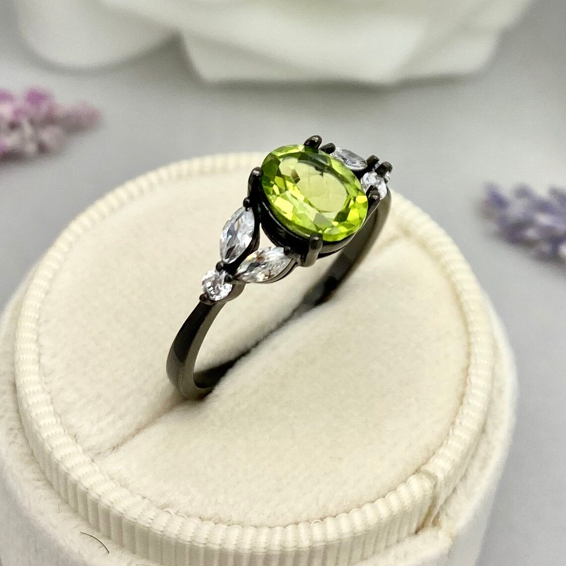 14K Gold Black Rhodium Oval Natural Peridot Ring Art Deco | Etsy