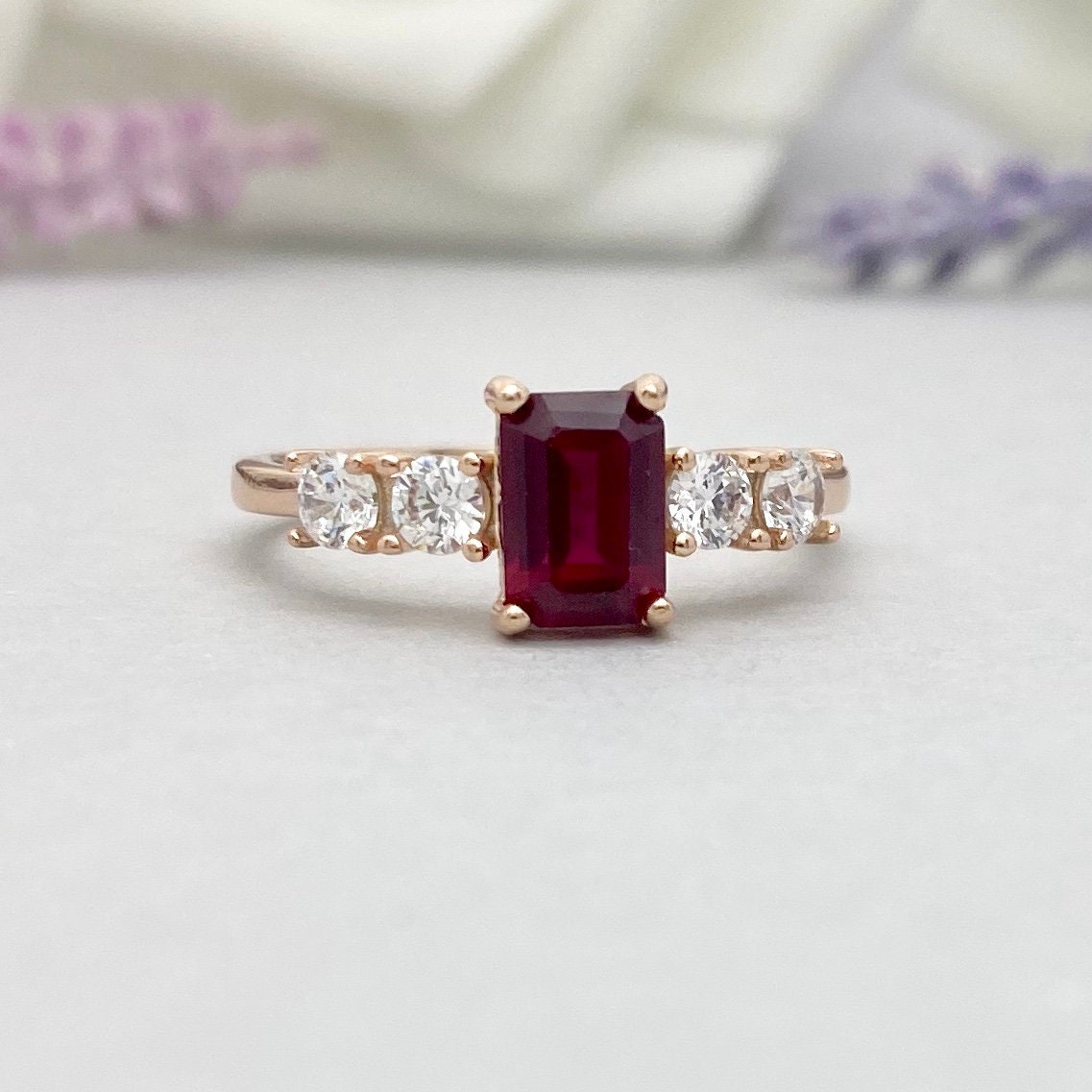Rose Gold Emerald Cut Red Ruby Engagement Ring Round Simulated | Etsy