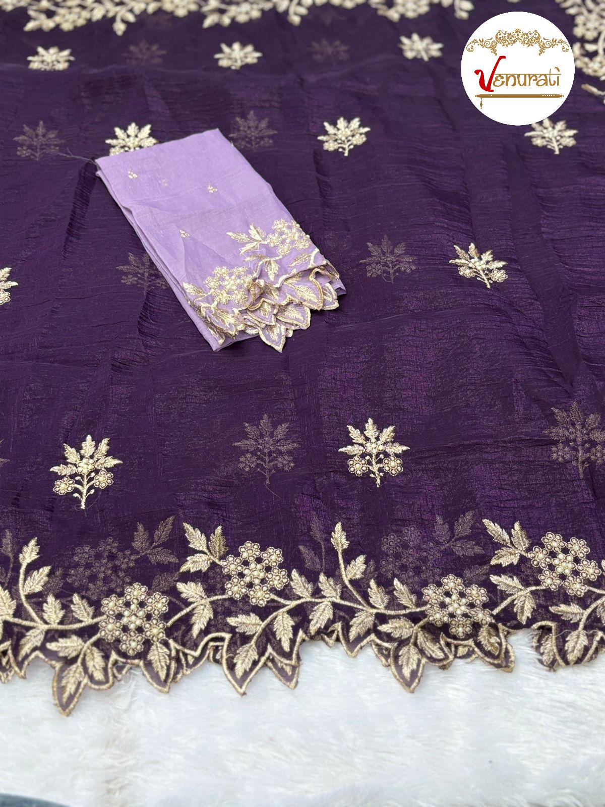 Crunchy Silk Saree With Scallop Embroidery Border | Elegant Party Wear ...