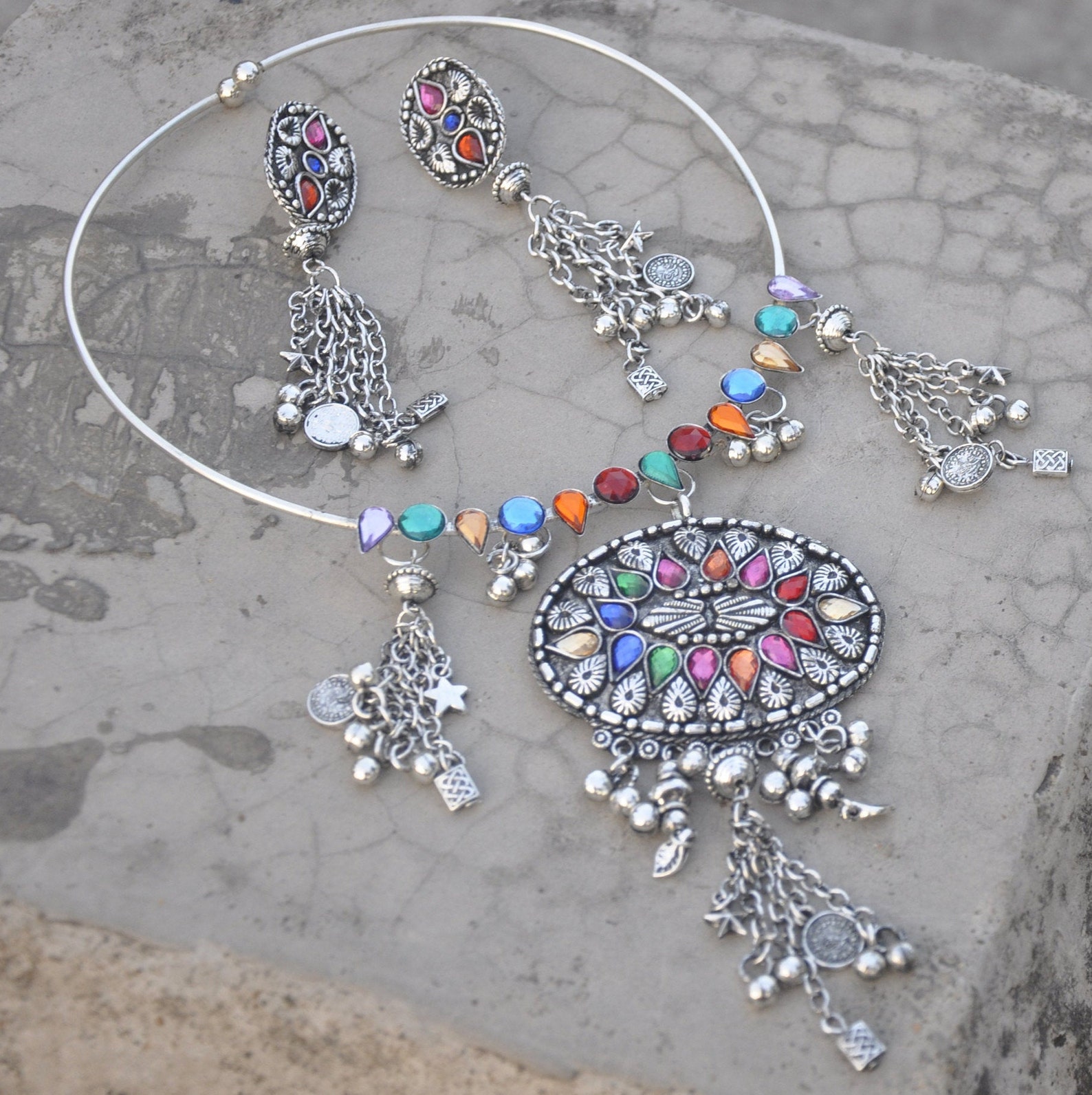 Tribal Oxidized Jewelry Set, Multi Colour Stone Nacklace | Necklace and ...