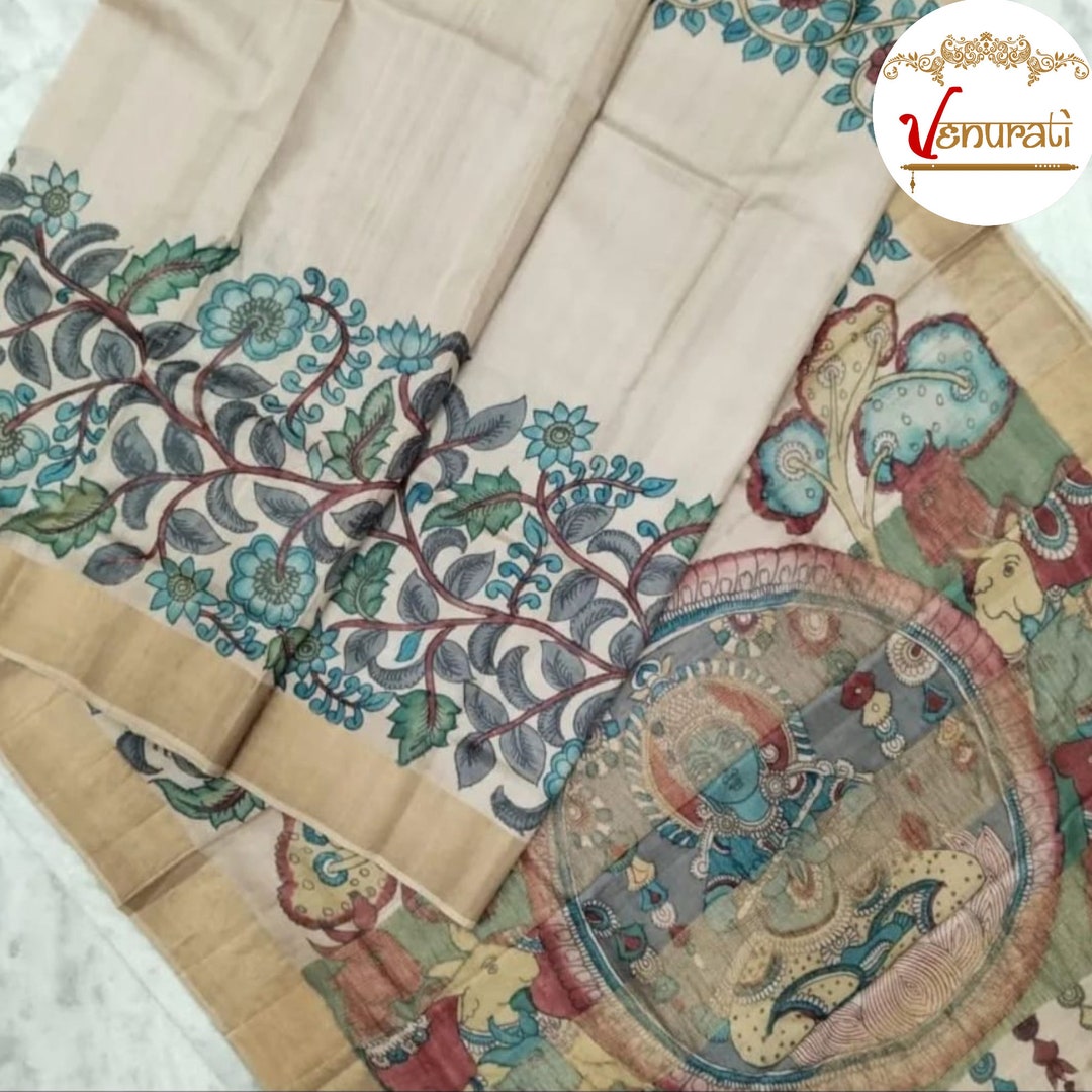 Authentic Zari Tussar Saree Kalamkari Work on Tussar Saree With Blouse ...
