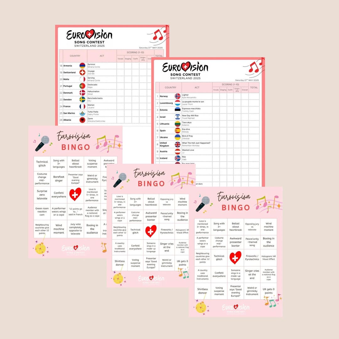 Eurovision 2025 Bundle Printable Sheets - Scoring Sheet and Bingo Cards ...