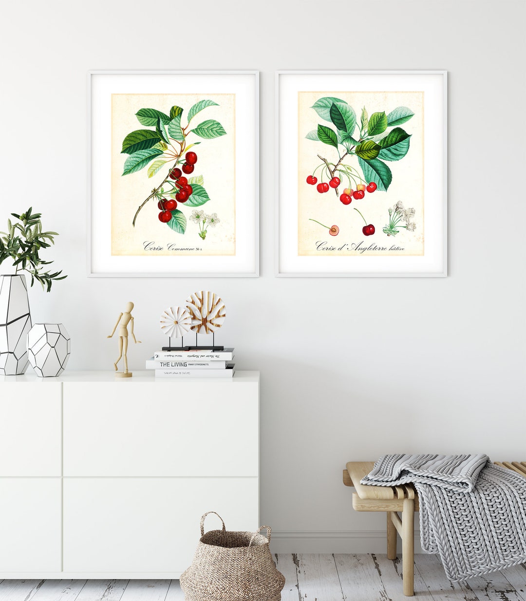 Set von 2 Kirschen Giclee Art Print, Vintage botanische Kirschzweig ...