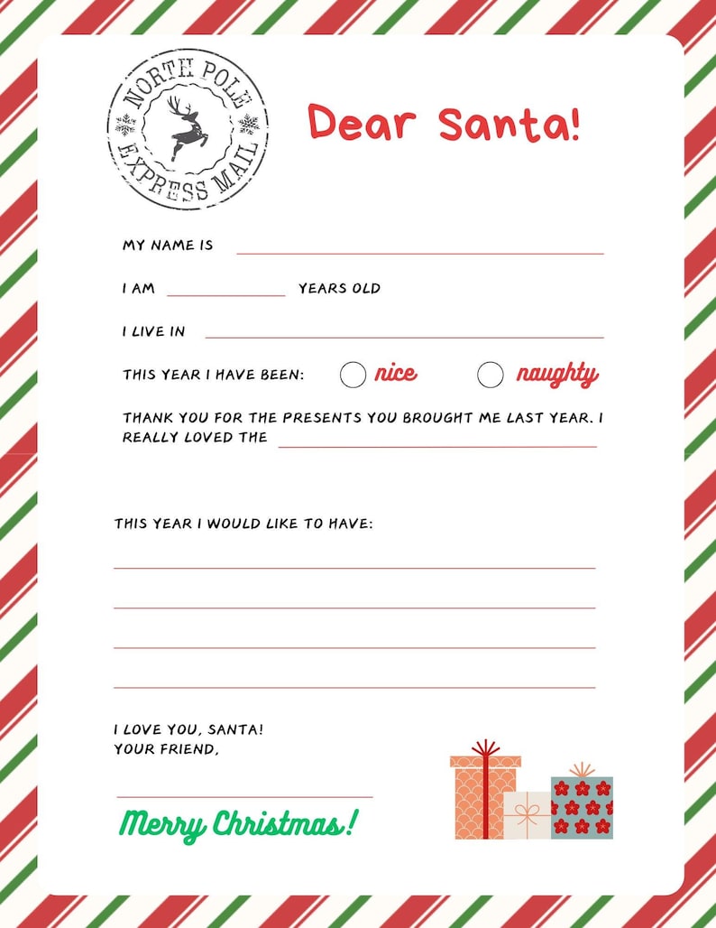 Letter to Santa Santa Wish List Wish List Christmas List Red and Green ...