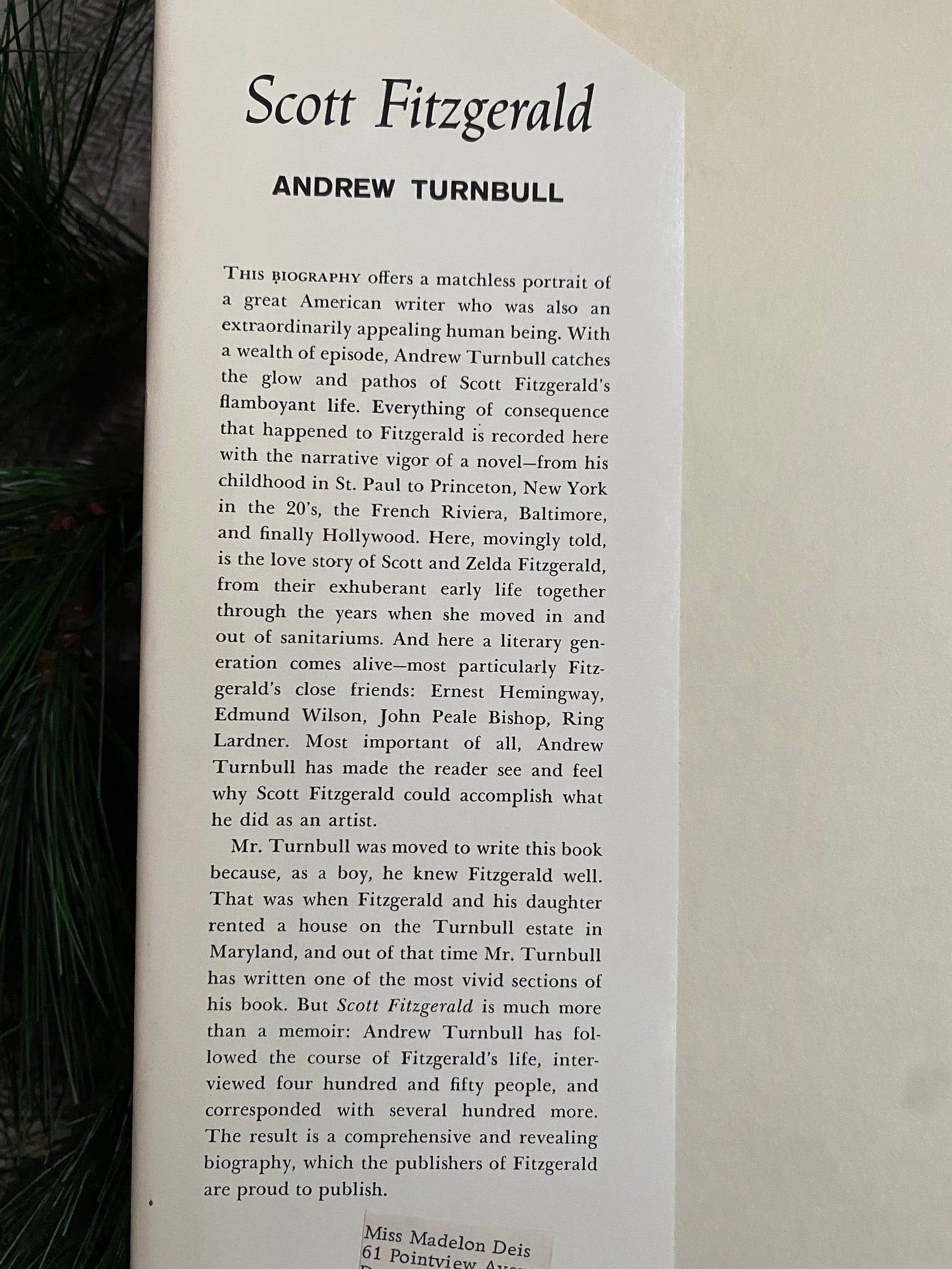 Scott Fitzgerald Vintage Biography by Andrew Turnbull | 1962 Hardcover ...