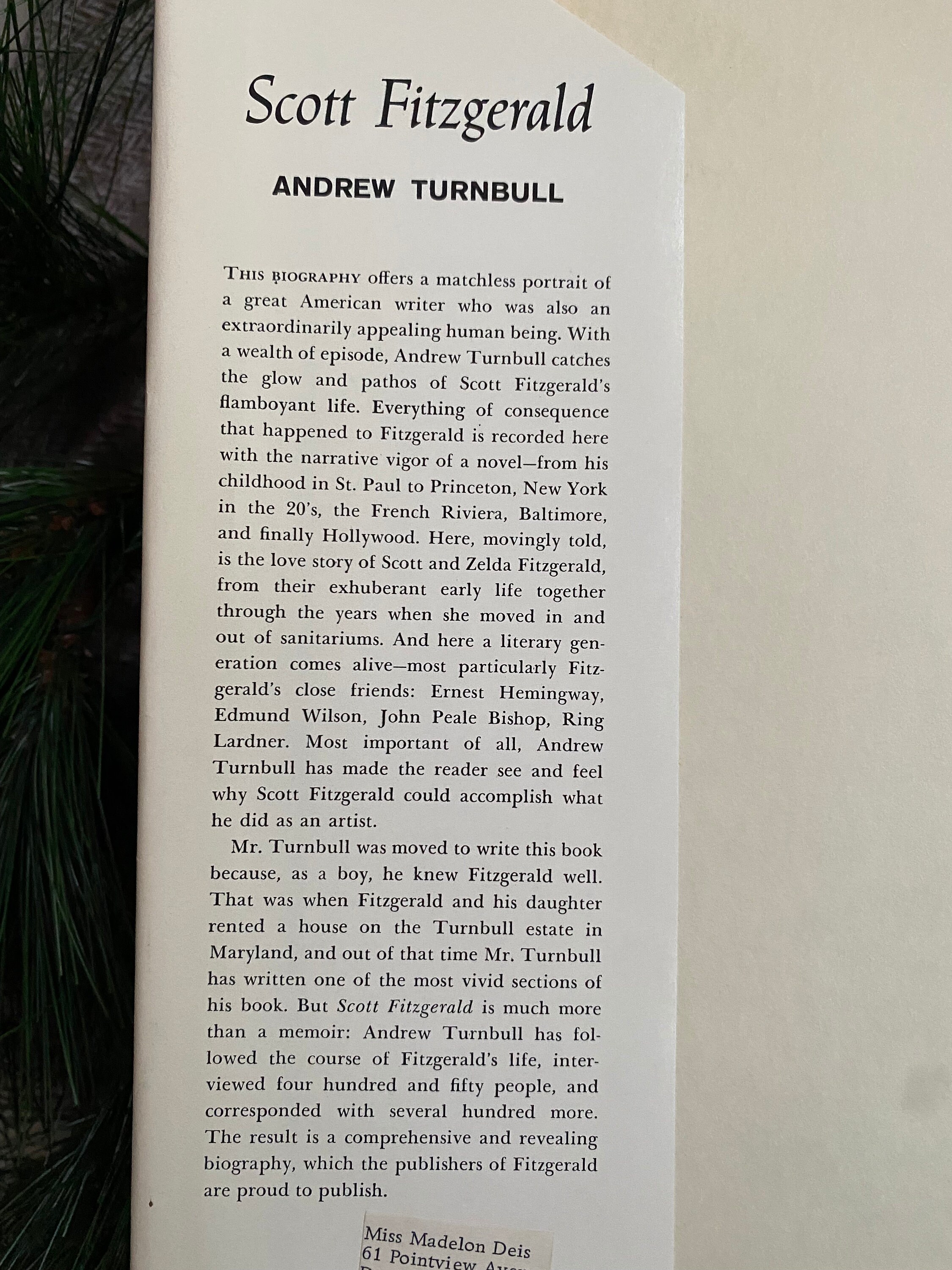 Scott Fitzgerald Vintage Biography by Andrew Turnbull | 1962 Hardcover ...