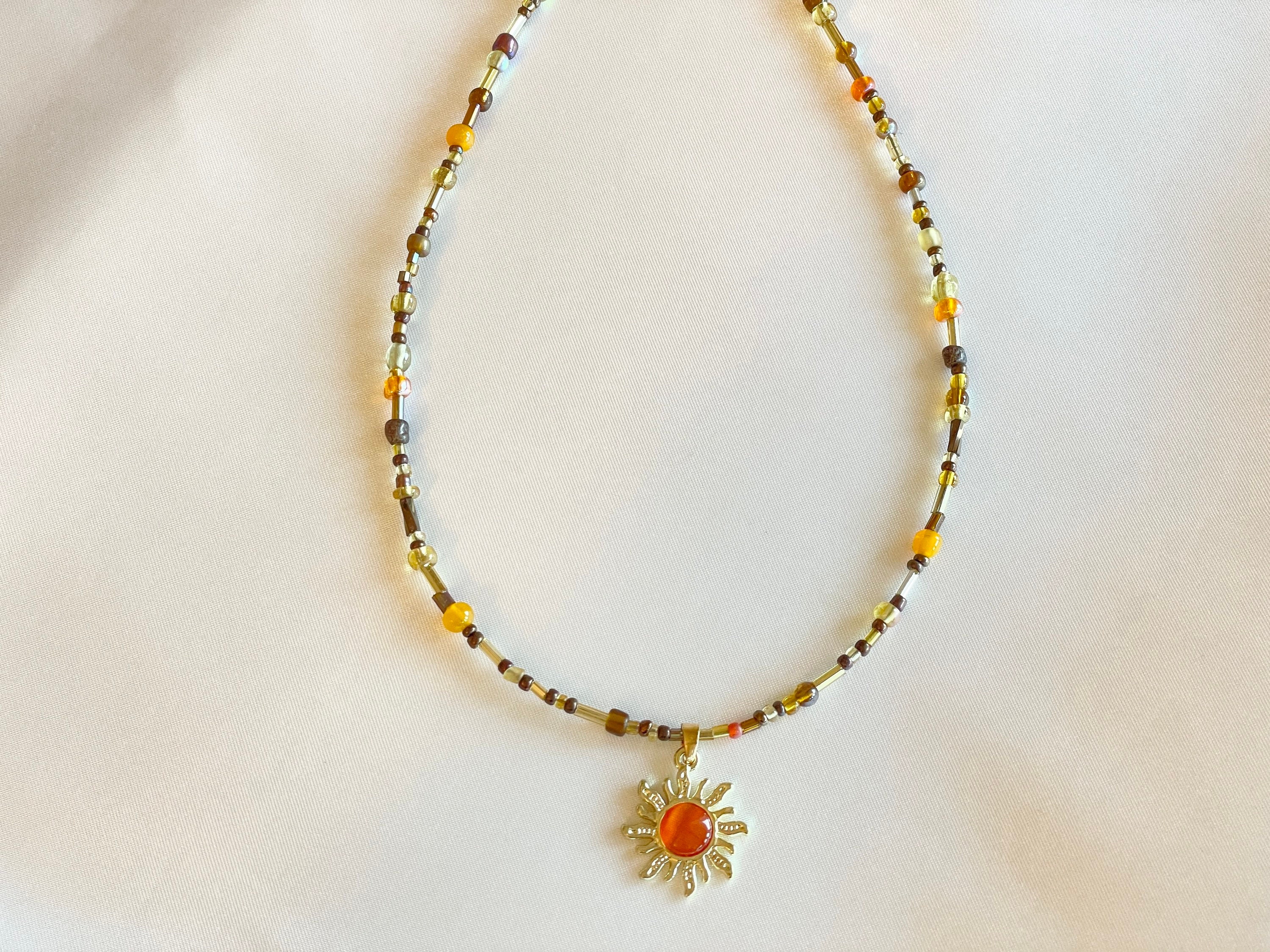 Red Sun Beaded Necklace Orange Gold Yellow Brown Bead Choker - Etsy