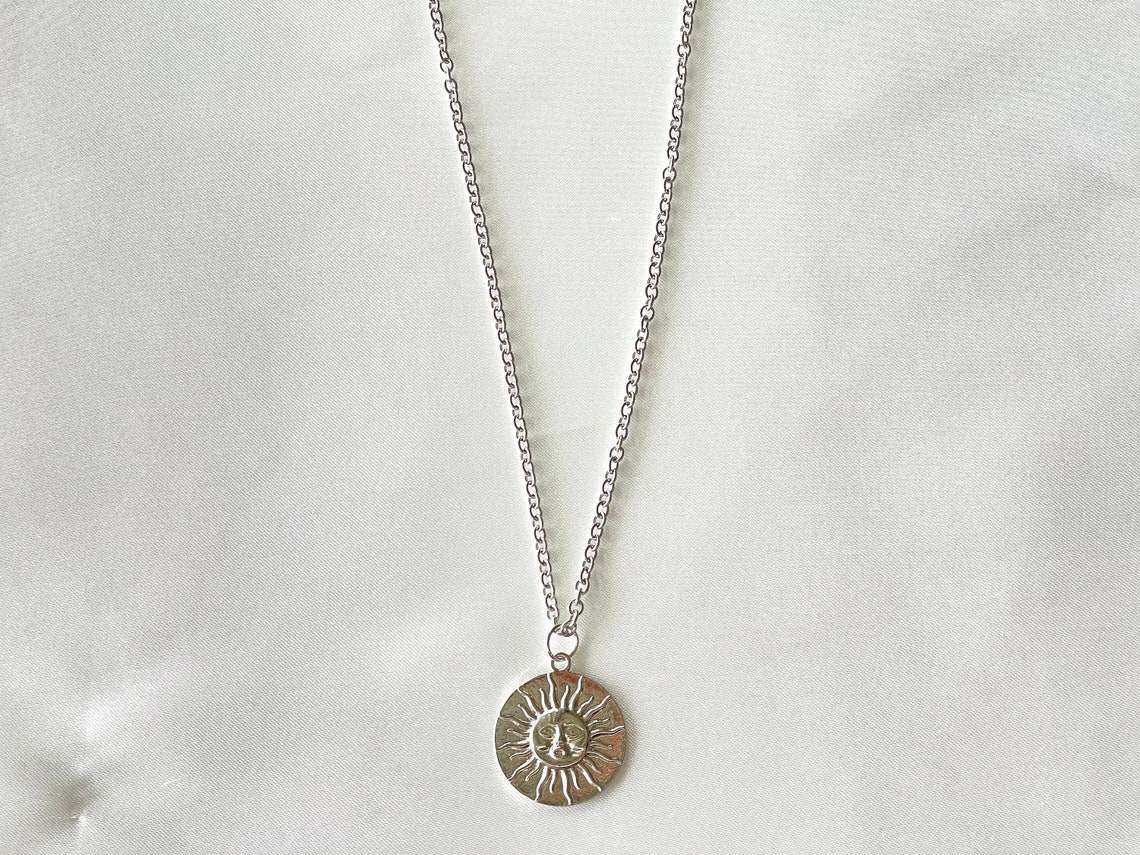 Silver Sun Coin Necklace, Stainless Steel Chain / Sterling Silver ...