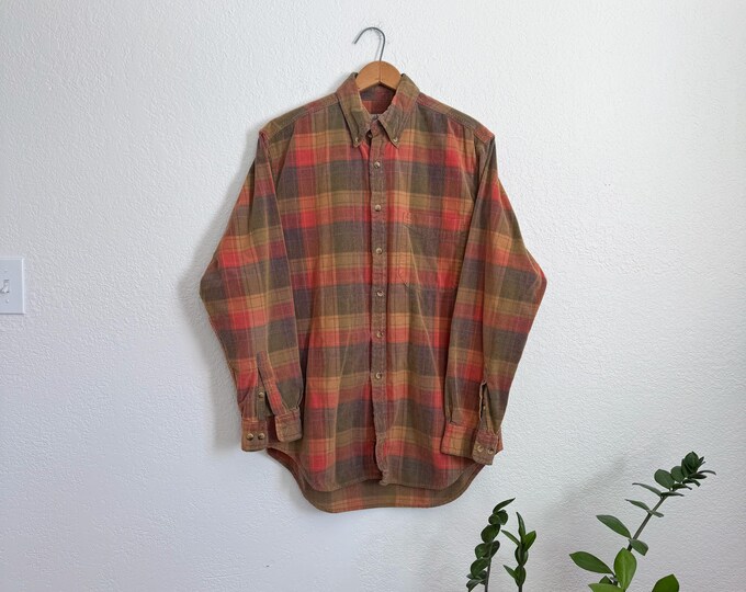 L- Vintage Warm Toned Plaid Corduroy Button up Shirt Shacket Unisex ...