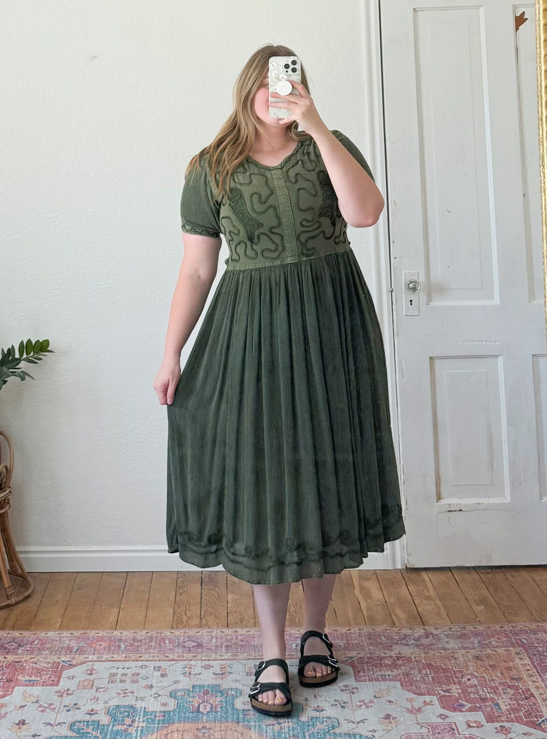 L- Vintage Dark Sage Green Rayon Embroidered Hippie Earthy Style Dress ...