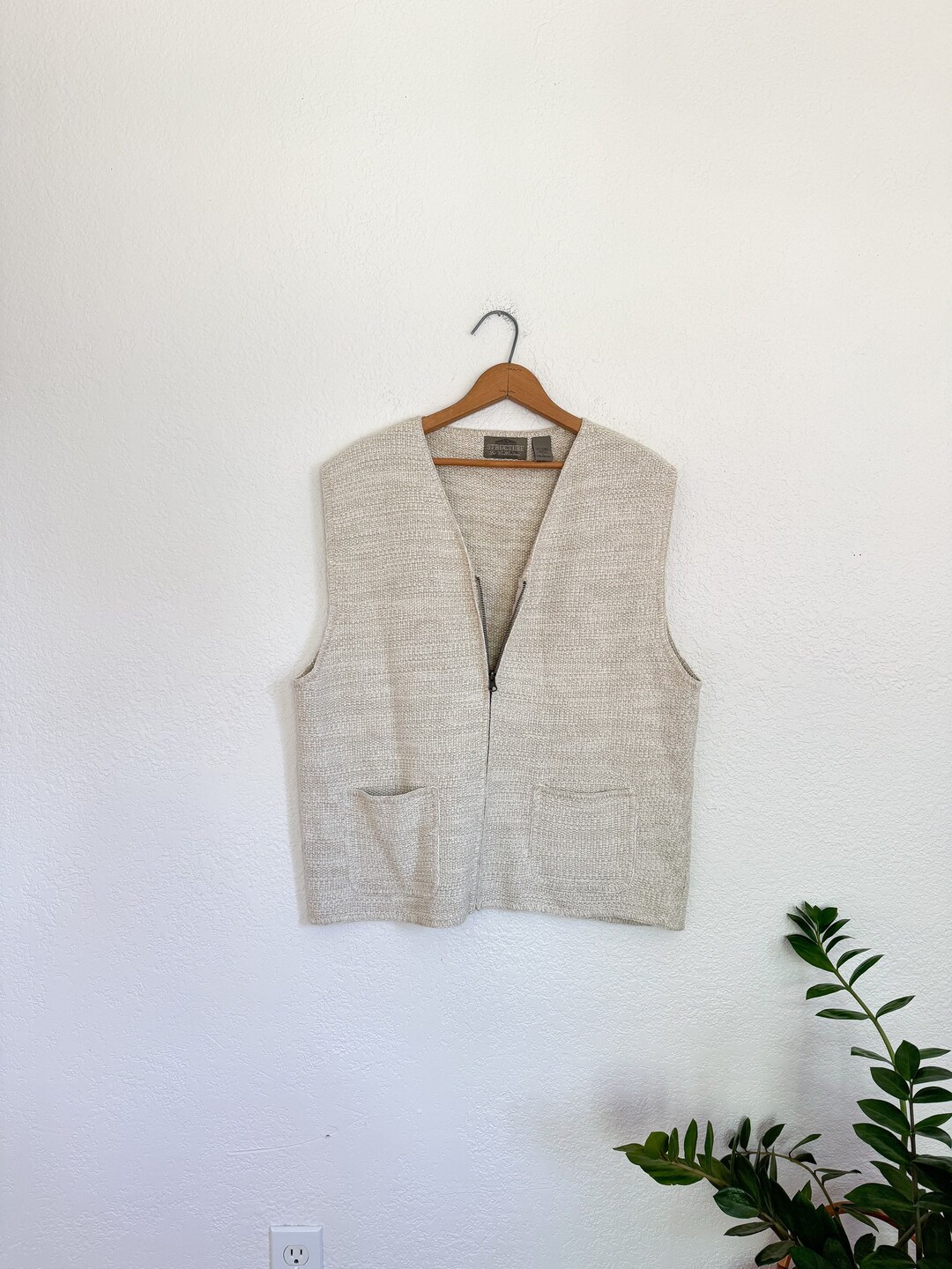 L- Vintage Cream Neutral Woven Cotton Blend Chore Style Vest Oversized ...