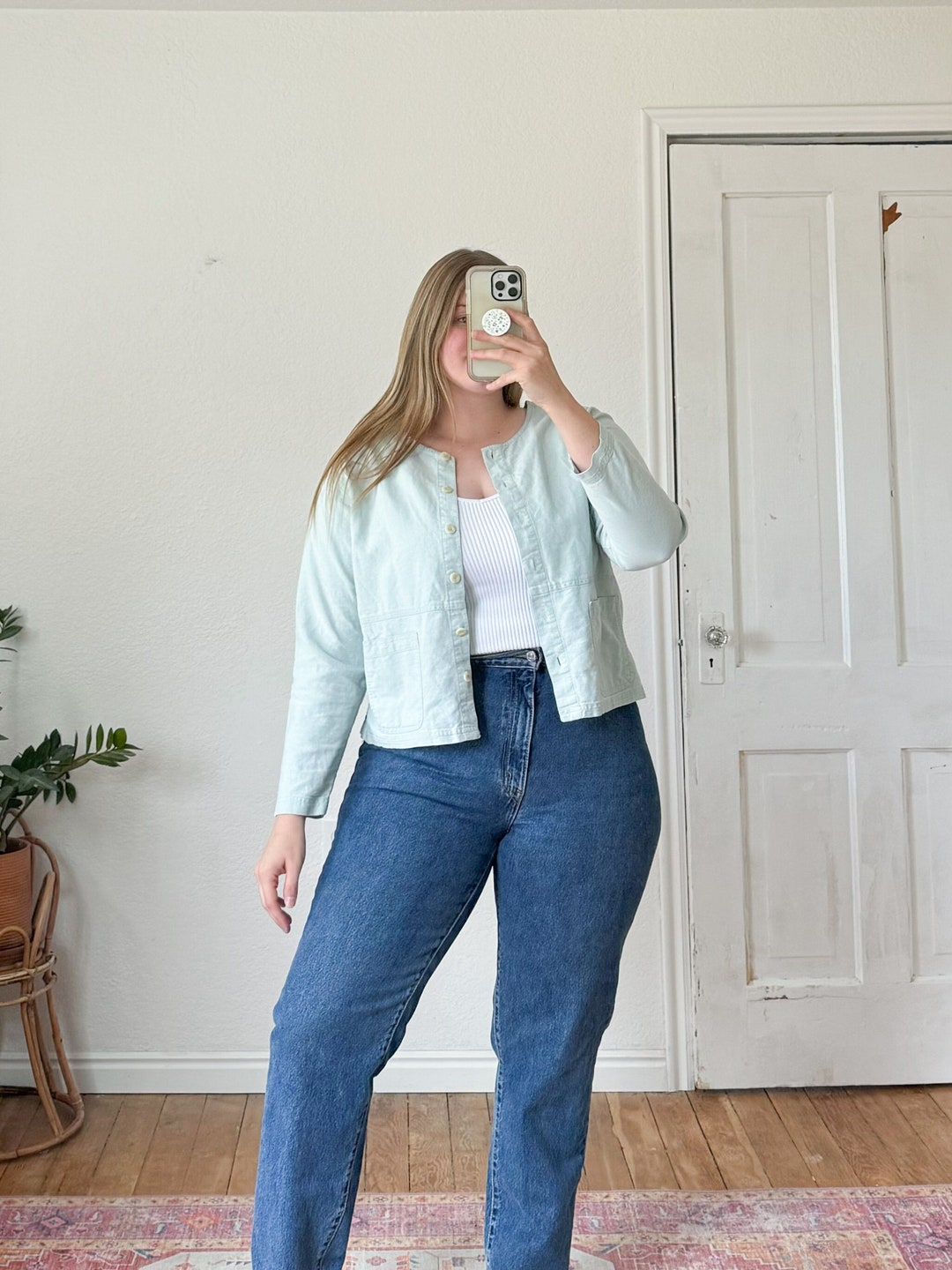 L Vintage Linen Cropped Sea Foam Button up Lightweight Summer Shacket ...