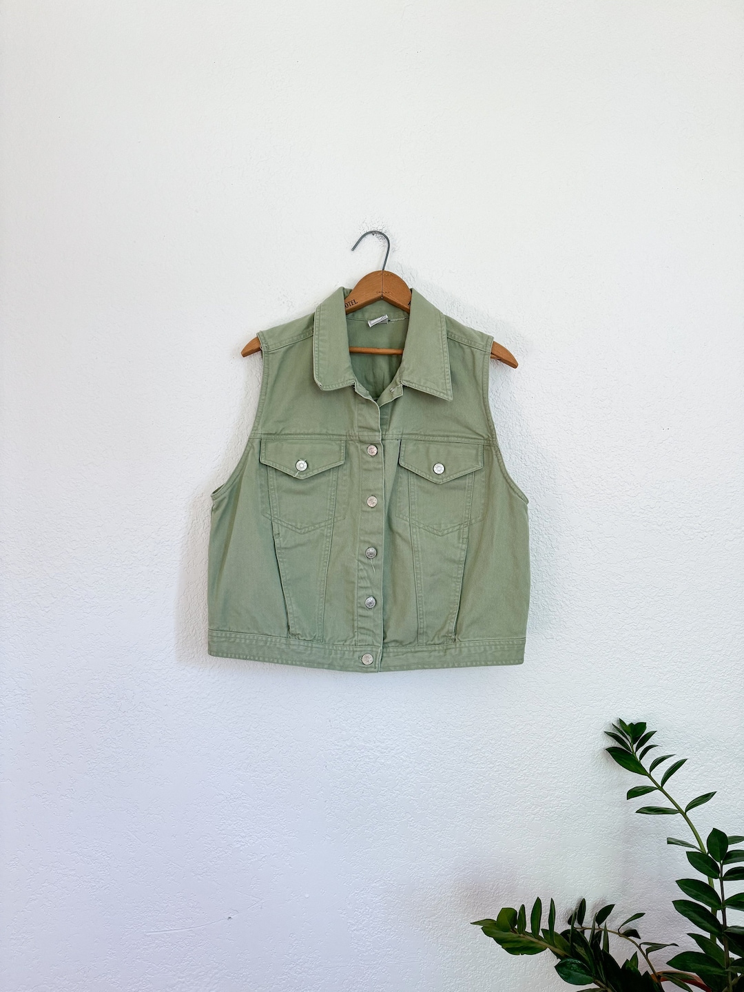L Vintage Sage Green Denim Cropped 90s Button Down Vest Classic ...