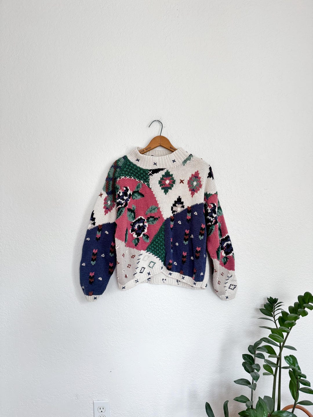 M- Vintage Paris Sports Club Floral Patchwork Handknit Chunky Cropped ...