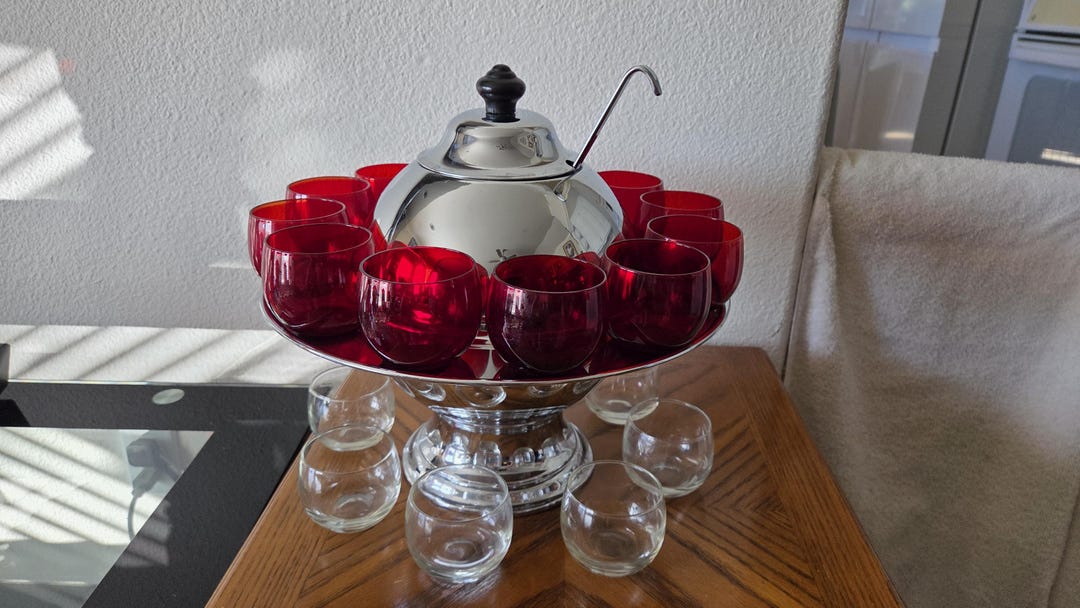 Saturn Punch Bowl Set, 12 Ruby Red Roly Poly Cups, 6 Clear Cups, Chrome ...