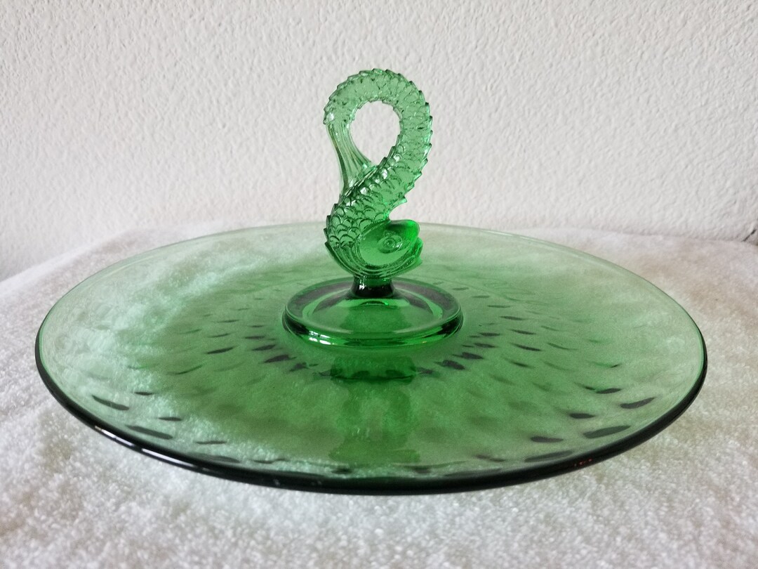 Green Glass Diamond Optic Fenton Dolphin Handle 10" Sandwich Tray 1927 ...