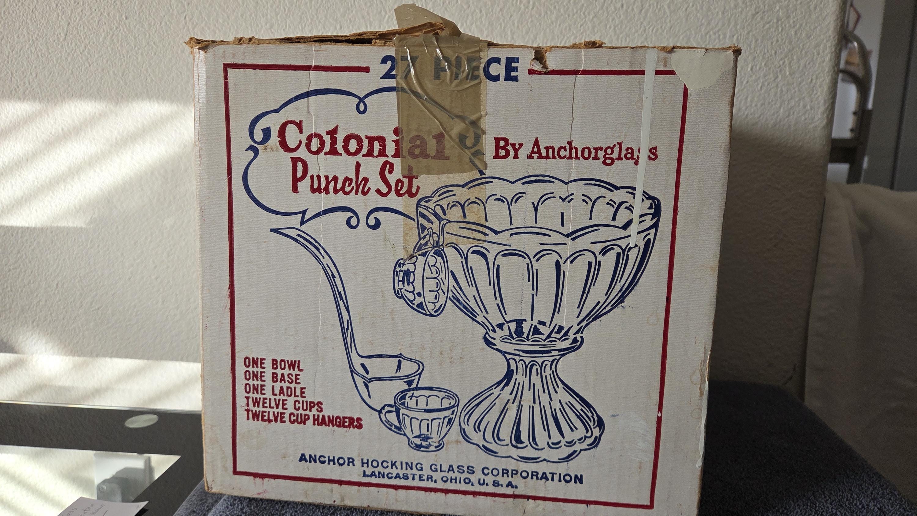Colonial Punch Bowl Set, Anchor Hocking 1950's, 1 Bowl, 1 Base, 12 Cups ...