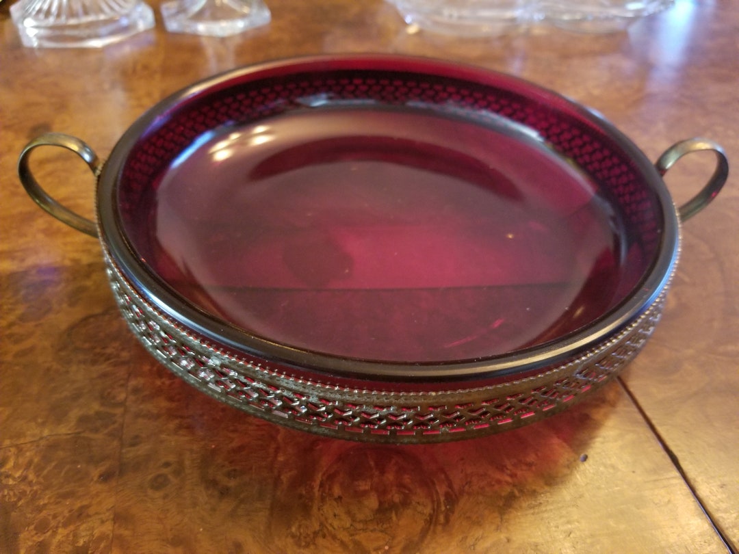 Ruby Red Serving Bowl With Brass Ring With Handles - Etsy