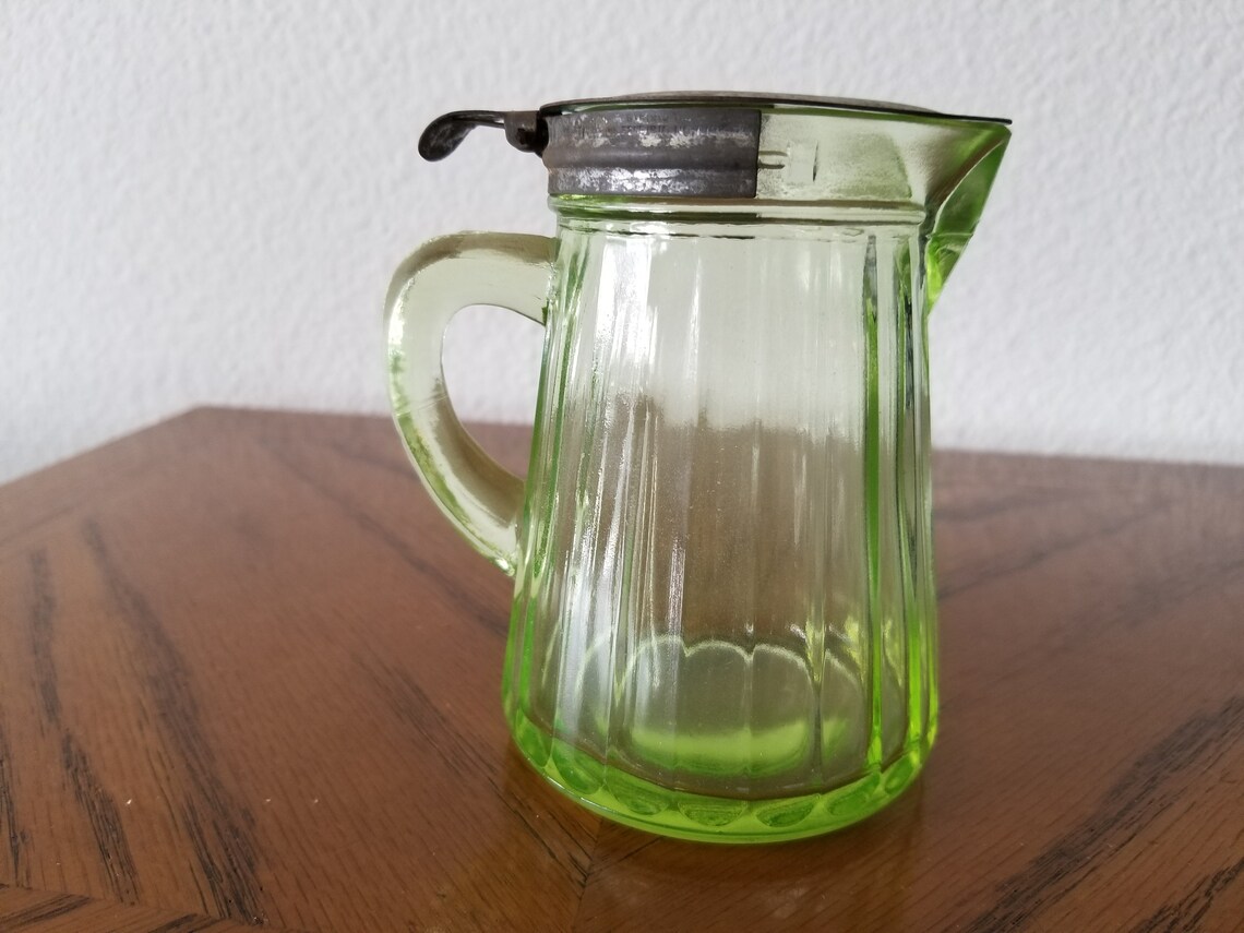 Anchor Hocking Green Uranium Glass Syrup Pitcher With Metal | Etsy