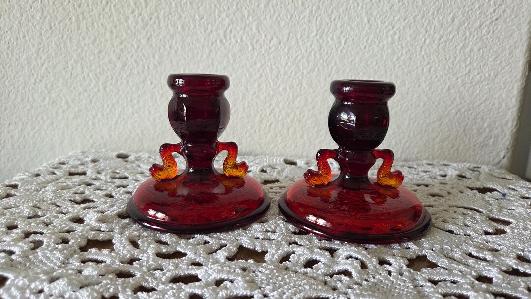 Fenton Ruby Amberina Candle Holders, With Dolphins and Floral Bottom ...