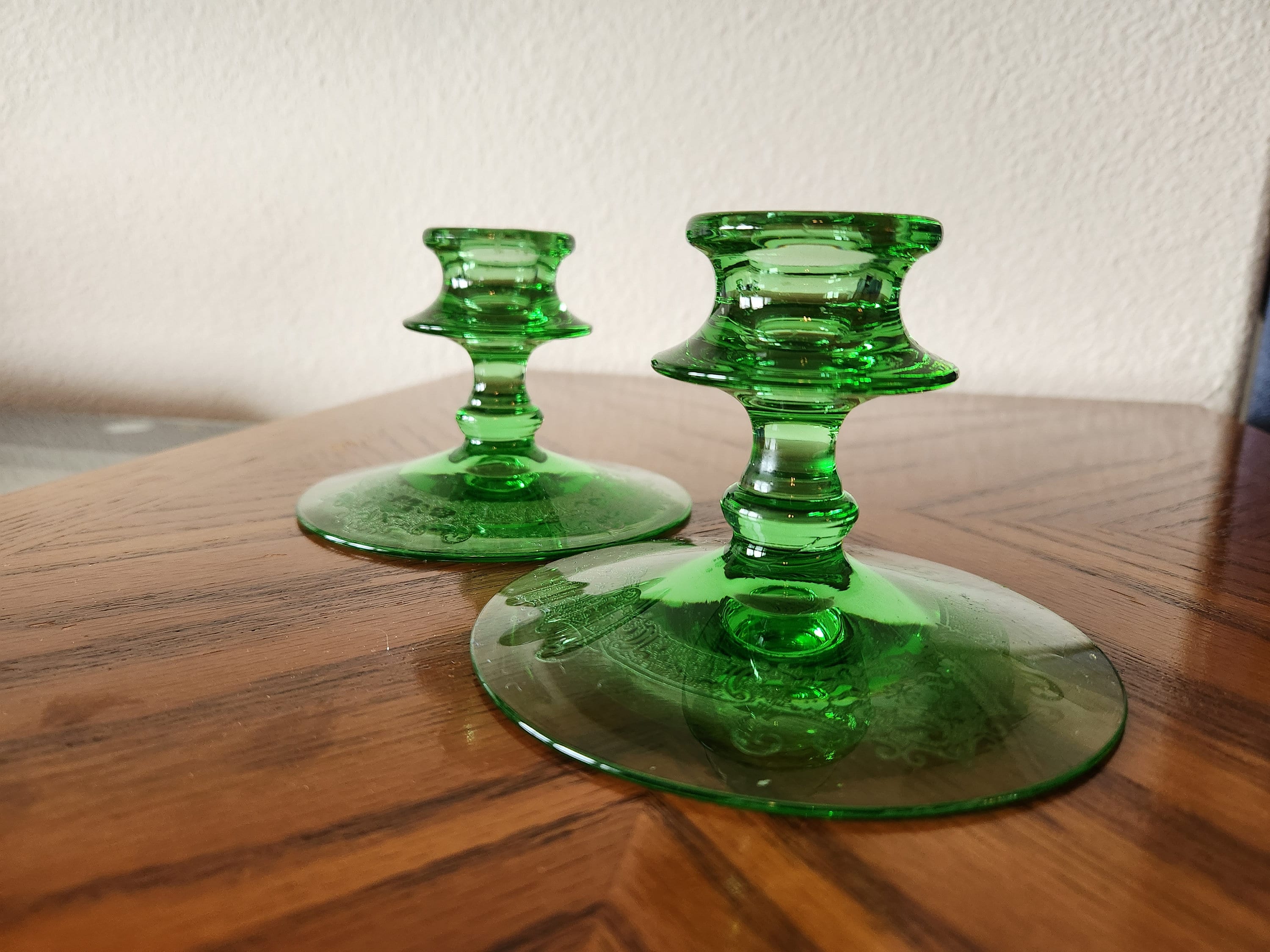 Uranium Glass, Cambridge Blossom Etched Candlestick , Set of 2 ...