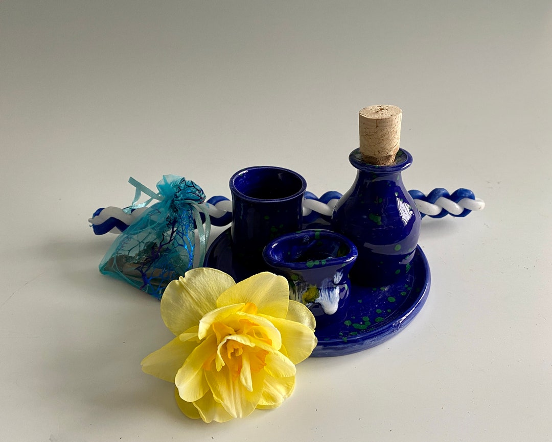 Handmade, Ceramic Havdalah Set, Glossy Blue Crystal Glaze, Kiddush Cup ...