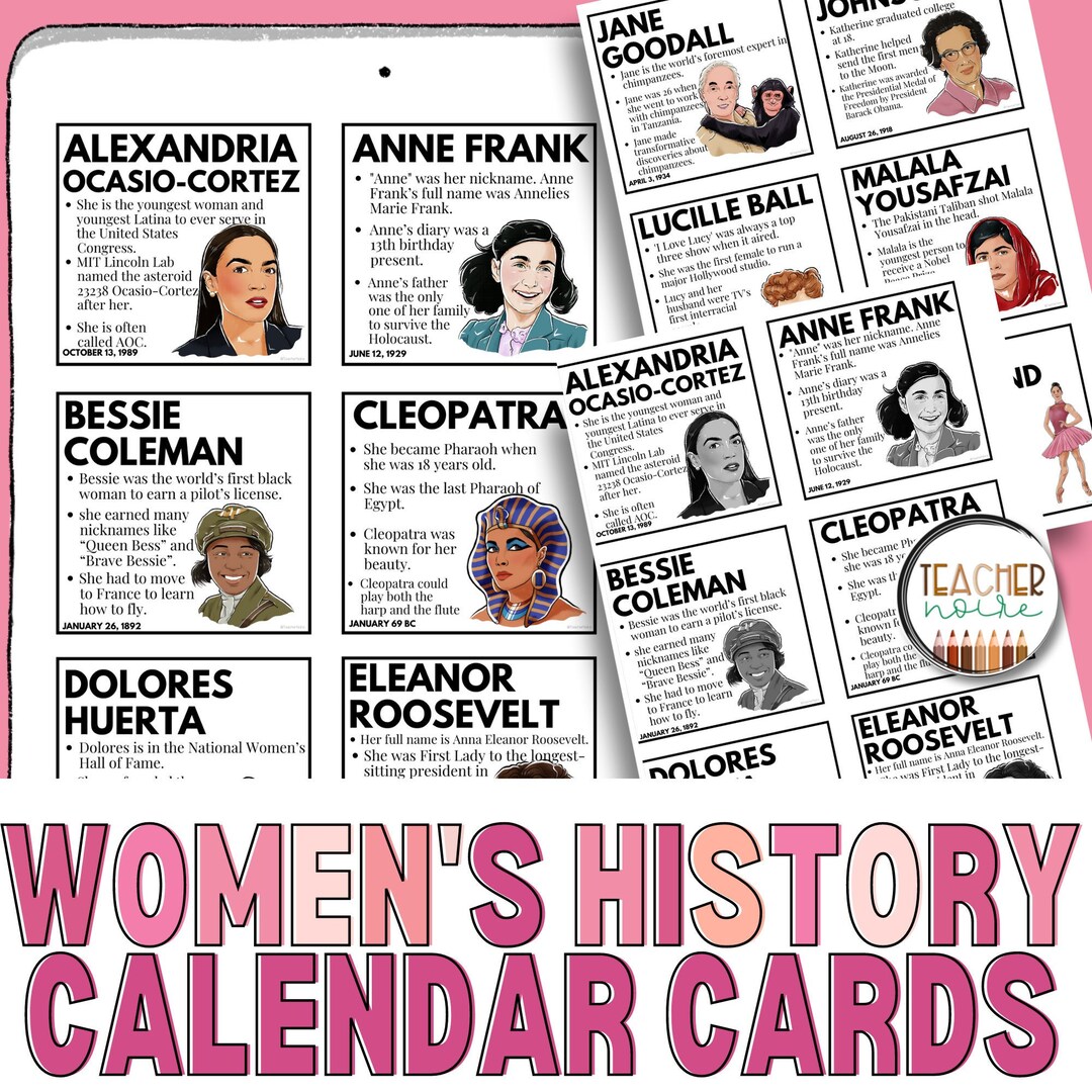 Pocket Chart Calendar Cards, Women's History Bulletin Board, Women's ...