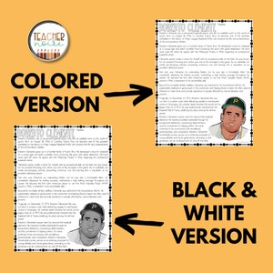 Roberto Clemente Reading Passage, Hispanic Heritage Activity, Baseball ...