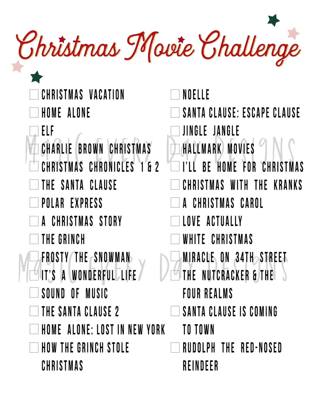Christmas Movie Challenge Checklist: Family Holiday Printable (PDF) - Etsy