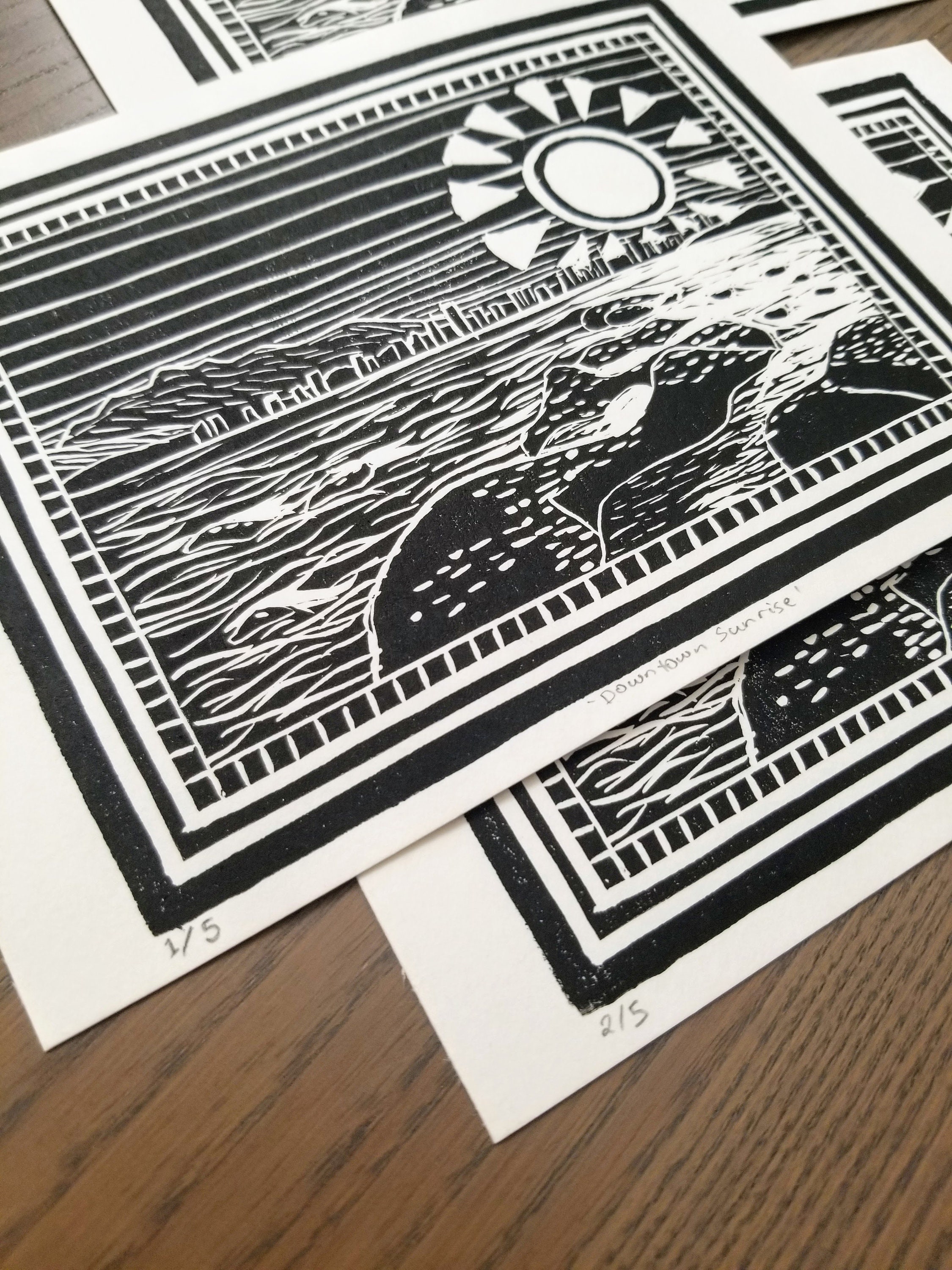 Original Linocut Print downtown Sunrise - Etsy