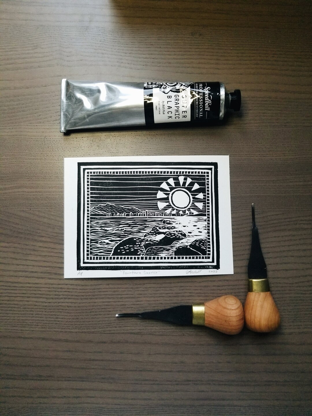 Original Linocut Print downtown Sunrise - Etsy