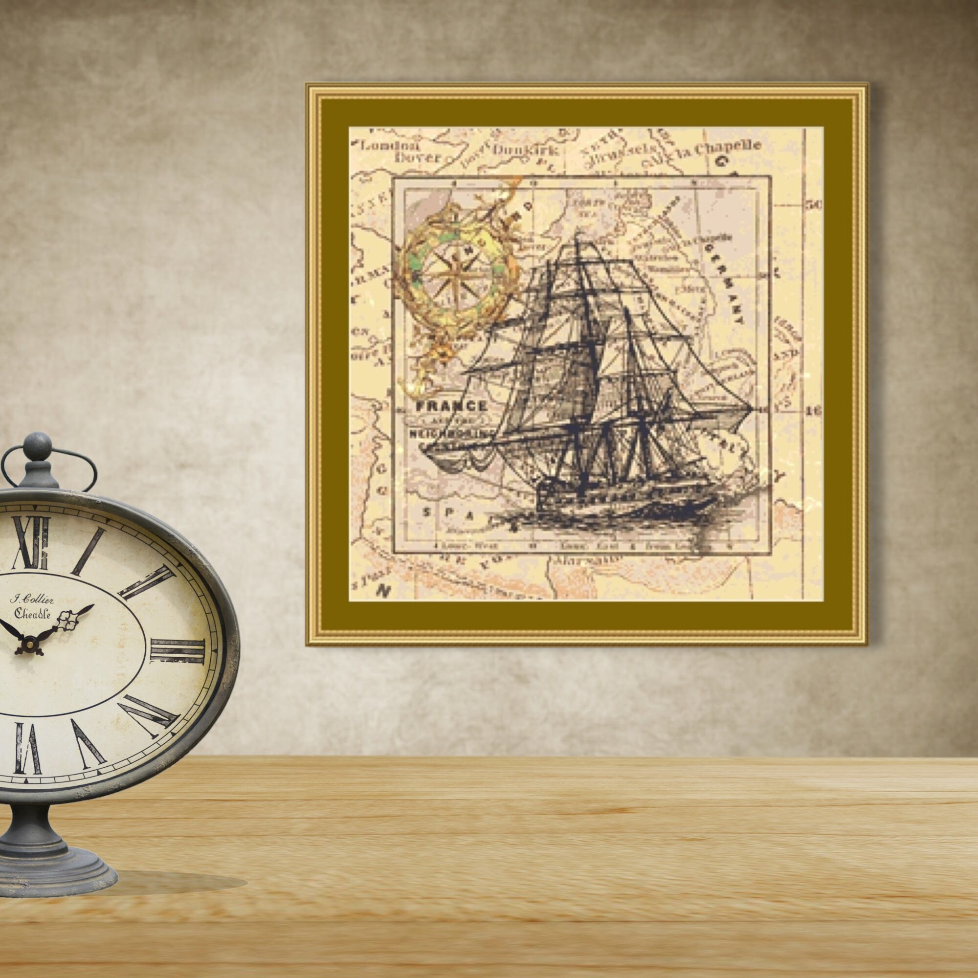 Printable Collage Cross Stitch Pattern Sailing Ship on Map - Etsy