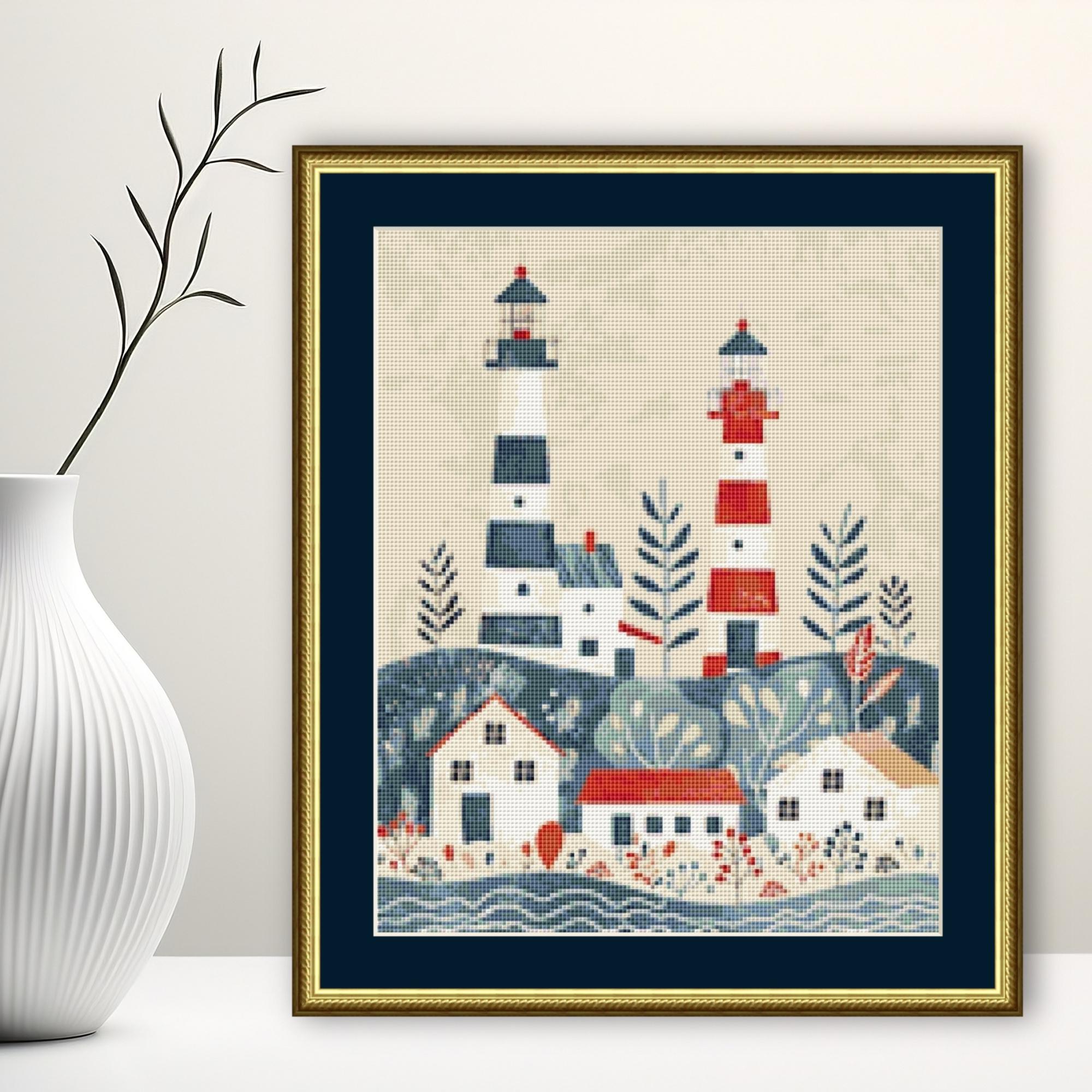 Folk Art Lighthouses Cross Stitch Pattern: Landscape Xstitch Chart ...