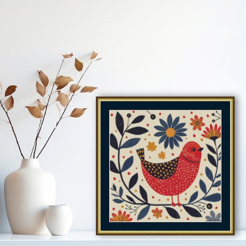 Red Bird Folk Art Cross Stitch Pattern: Abstract Floral (digital ...