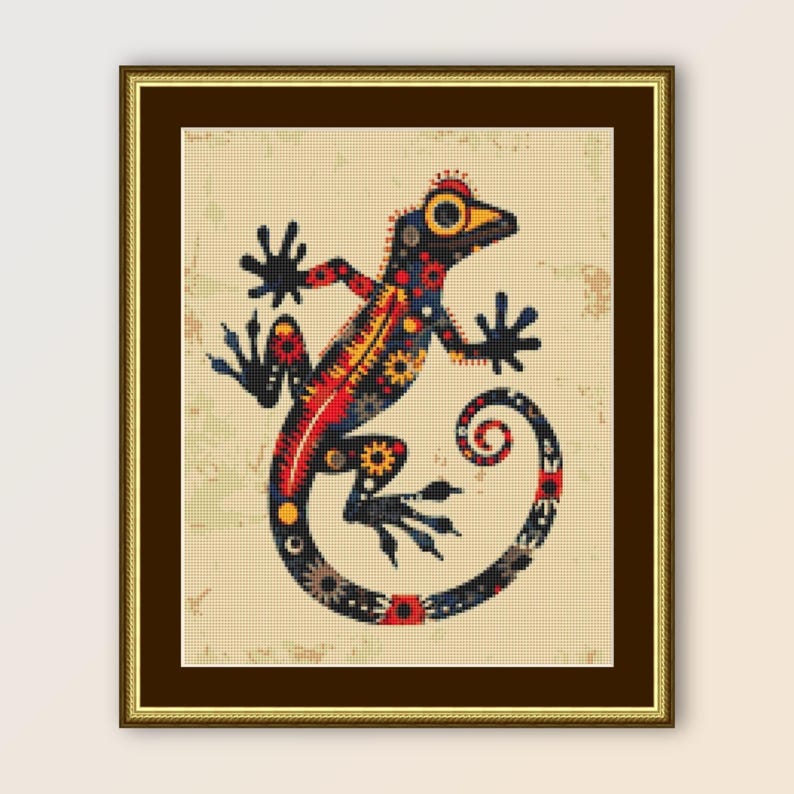 Folk Art Gecko Cross Stitch Pattern: Abstract Lizard Xstitch Chart ...
