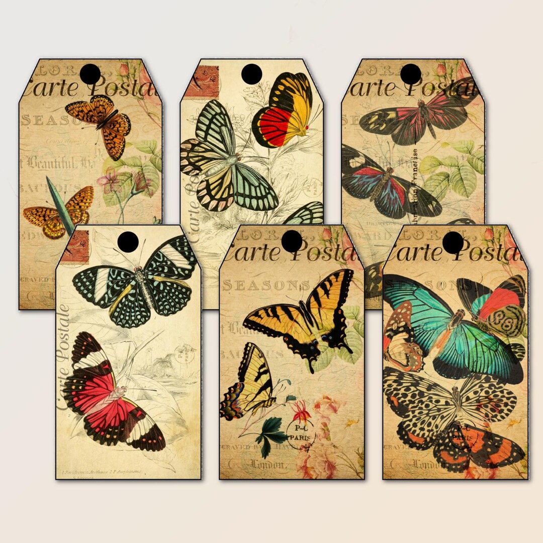 Six Printable Butterfly Tags for Junk Journals, Art Journals, Scrapbooking, Cards, Gifts, JPG ...