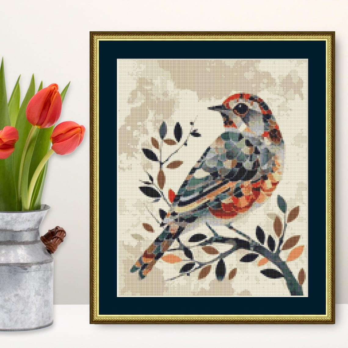 Folk Art Songbird Cross Stitch Pattern: Primitive Floral (digital ...