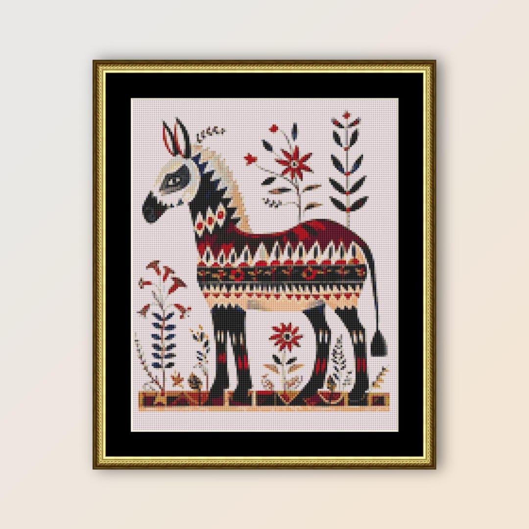 Folk Art Donkey Cross Stitch Pattern: Primitive Floral PDF (digital ...